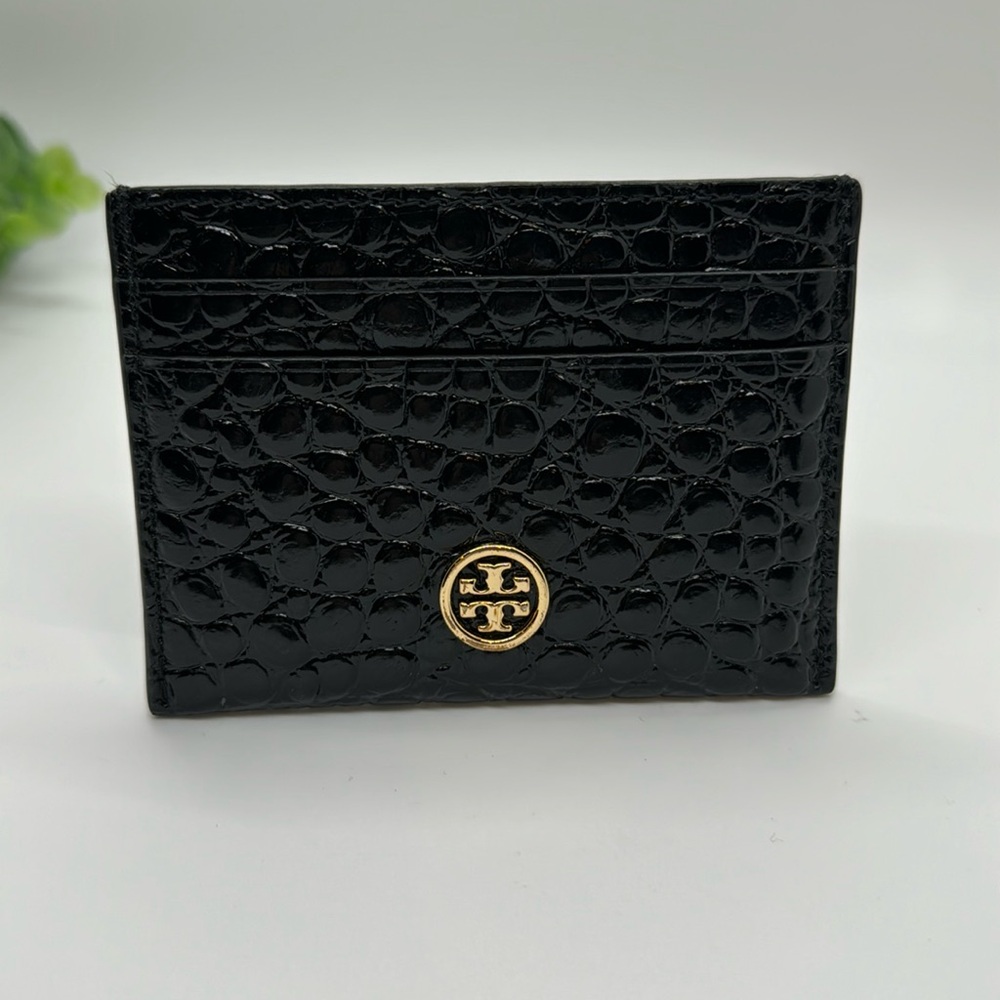 Tory Burch Robinson Embossed Card Case Black Croc - Gem